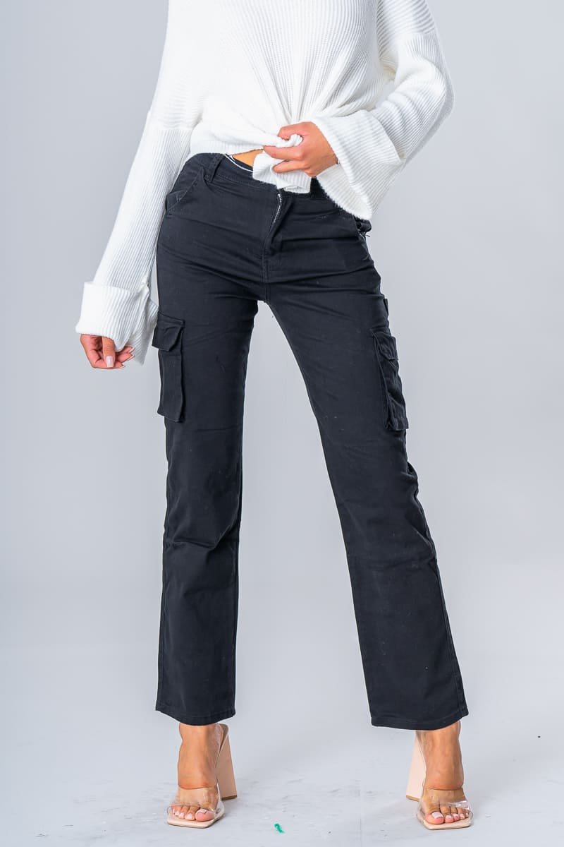 Cargo Hose Schwarz Gerade Lang Cinelle Paris Trendige Damenmode