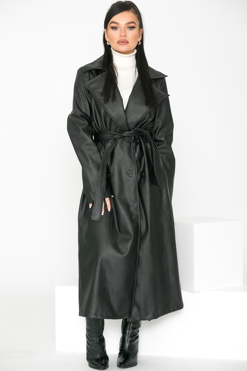 Trench simili cuir cintrée noir - Cinelle Paris, mode femme tendance