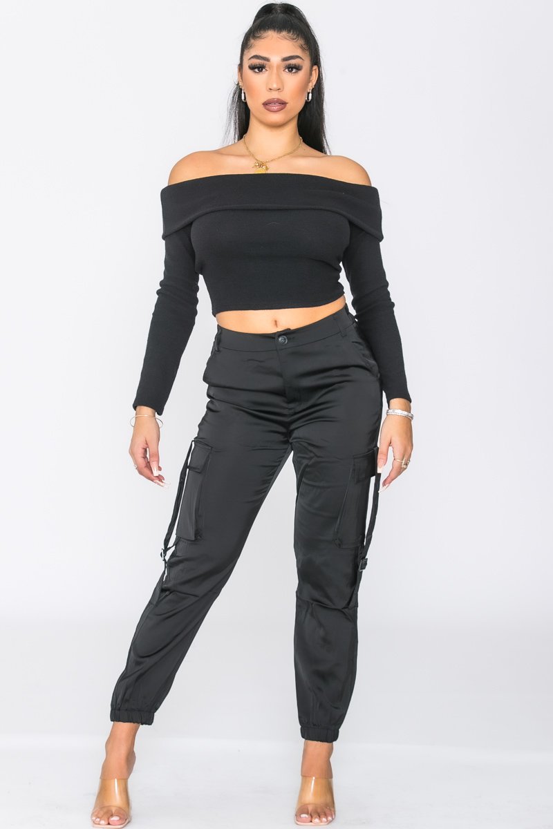 Cargo Hose Schwarz Satiniert Cinelle Paris Trendige Damenmode